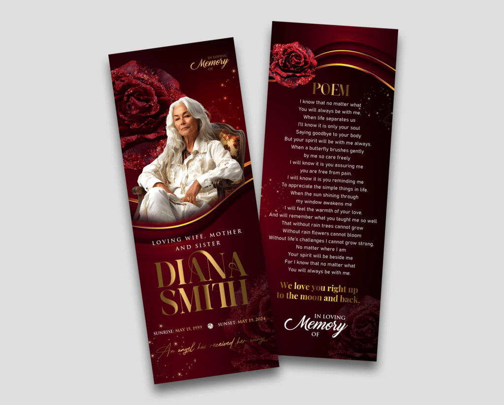 Elegant Red Roses Memorial Bookmark Design - Funeral Flyers